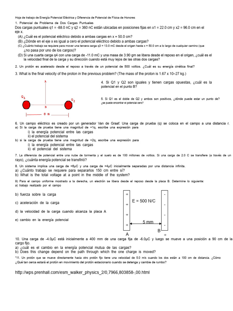 Hoja de trabajo de Física Honors: Energía Potencial Eléctrica y ...