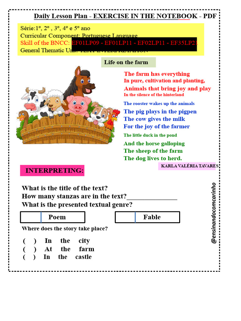 Daily Lesson Plan: Farm Poem Activities | PDF | Poetry