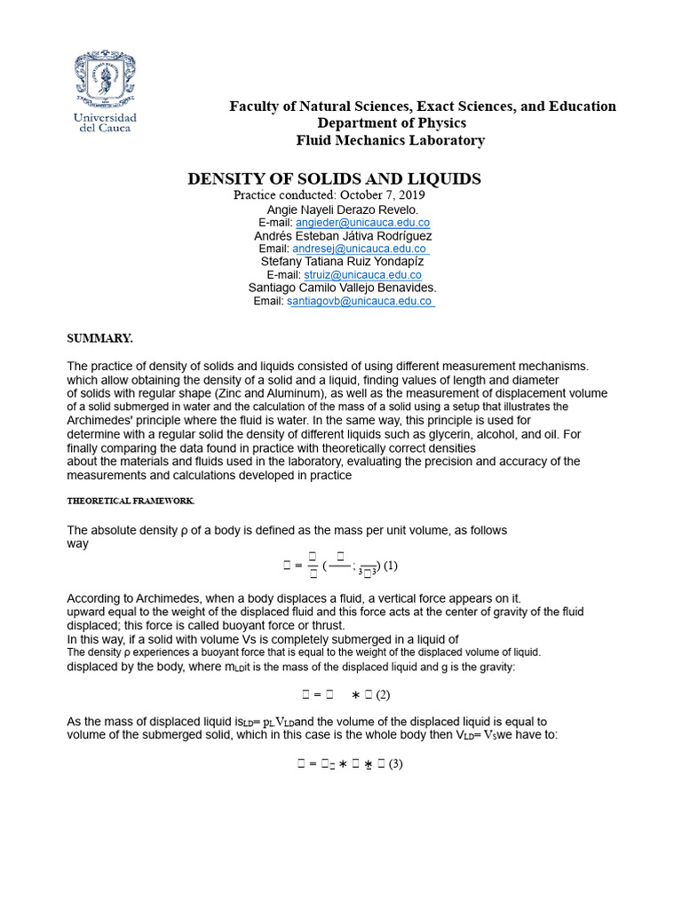 Density of Solids and Liquids-1 | PDF | Density | Volume