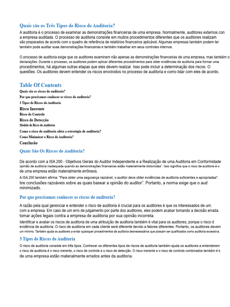 Tipos de Risco de Auditoria Explicados | PDF | Avaliação de risco | Risco