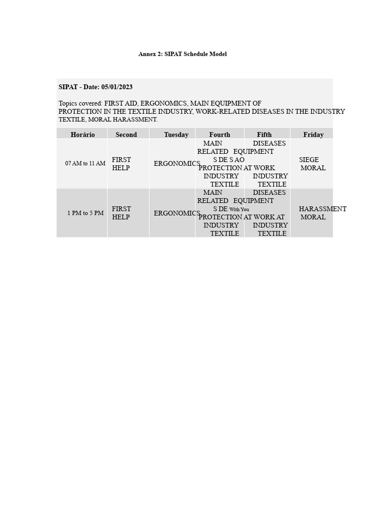 Annex 3 Model of SIPAT Timetable | PDF