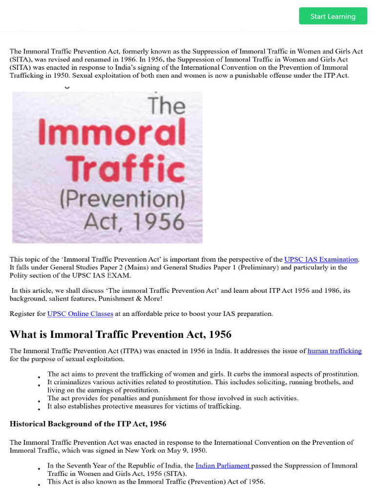 Immoral Traffic (Prevention) Act, 1956 - Features & Punishments | PDF