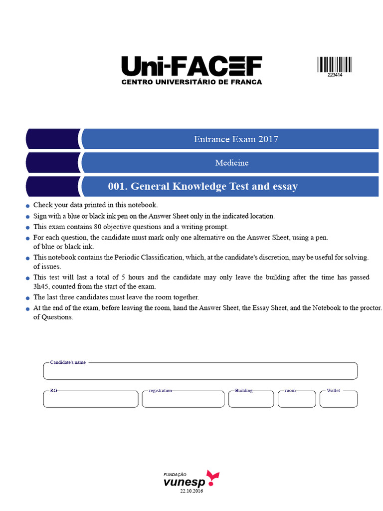 CUMF1601 - Uni-FACEF - Entrance Exam 2017 | PDF | Vein | Atrium (Heart)