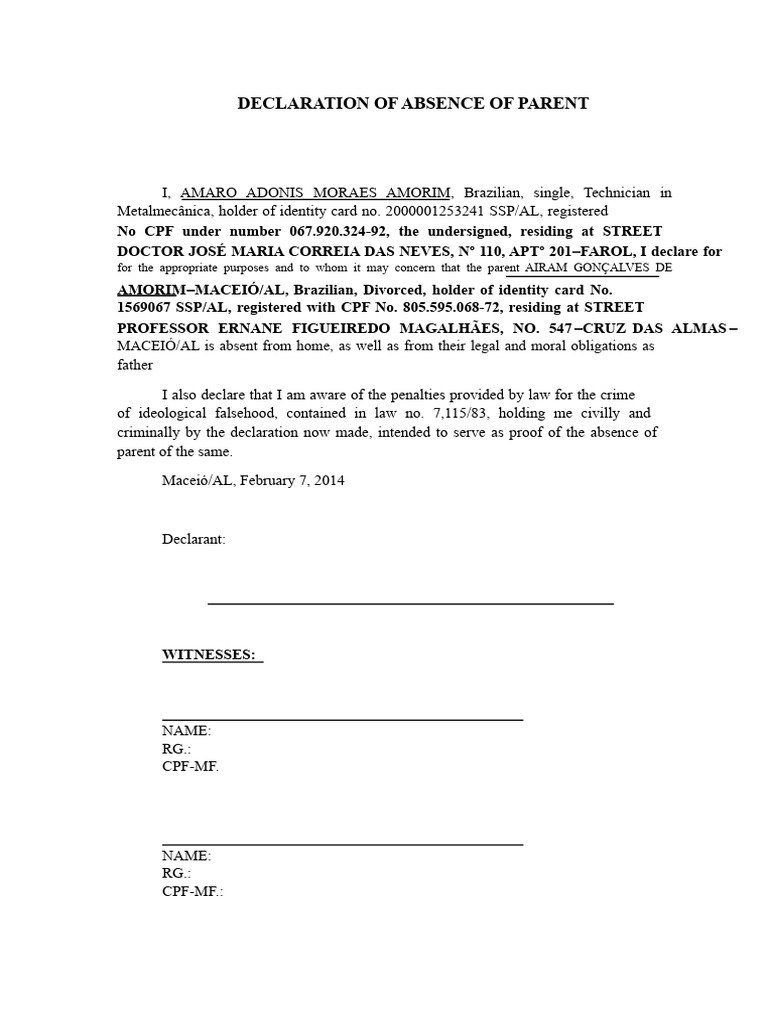 Declaration of Absence of Parent | PDF