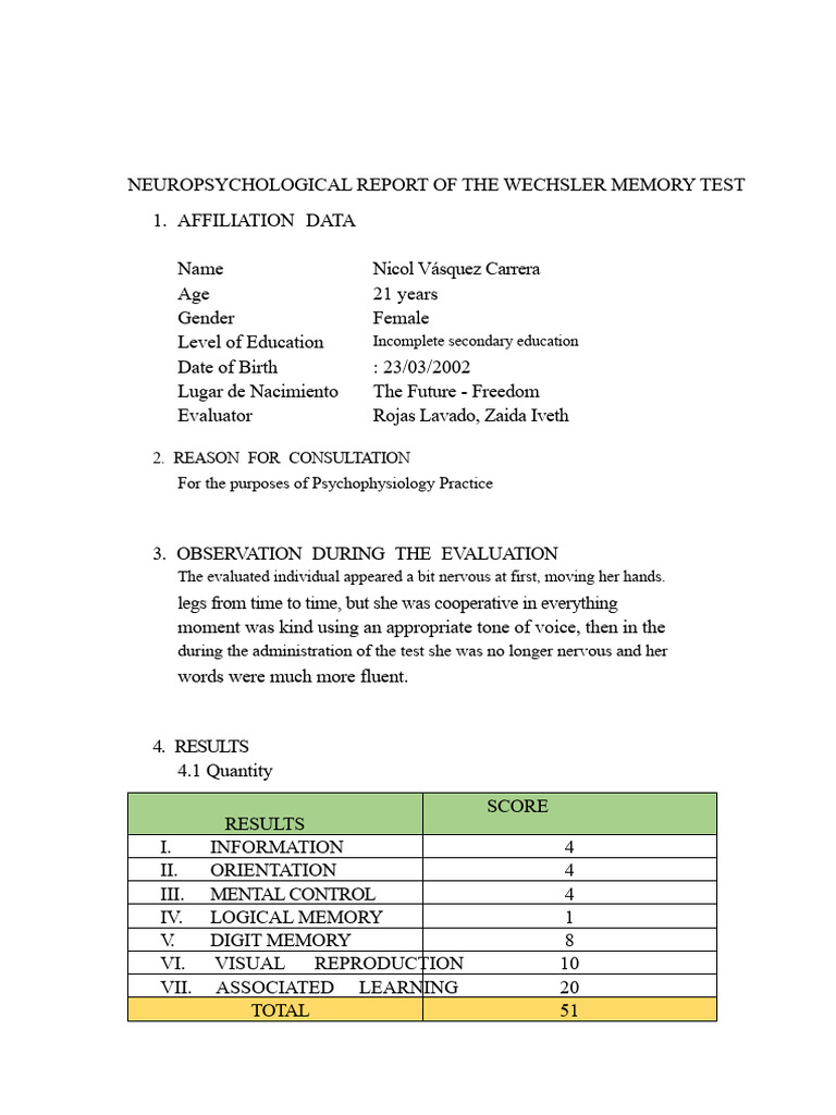 Neuropsychological Report of The Wechsler Memory Test | PDF