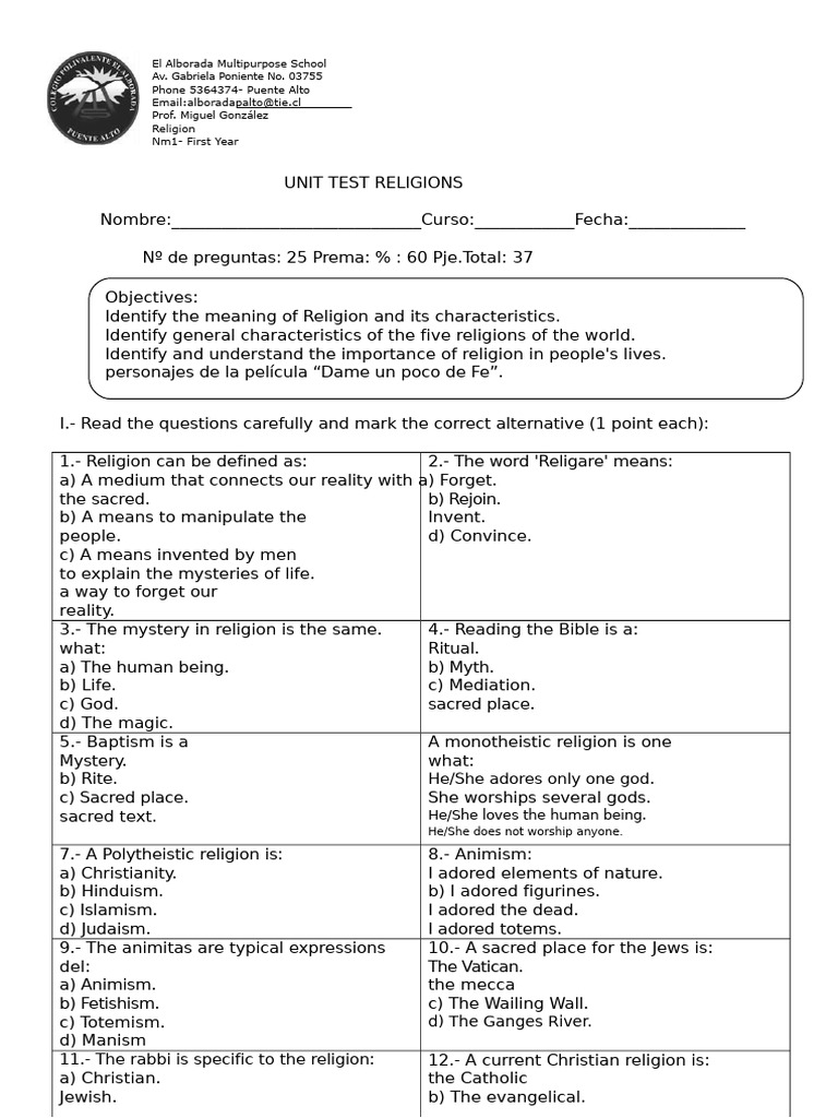 World Religions Test 1st M | PDF | Worship | God