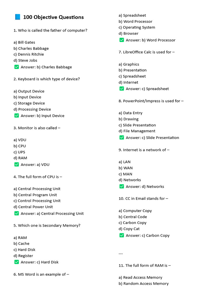 100 Computer Knowledge Questions | PDF | Computer Network | Computer Memory