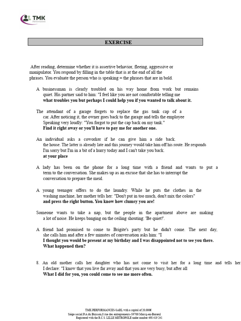 ASSERTIVENESS APPLICATION EXERCISE | PDF