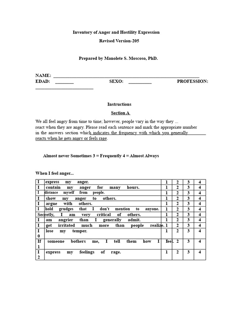 Inventory of The Expression of Anger and Hostility | PDF | Anger ...