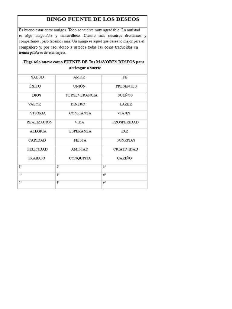 BINGO FUENTE DE LOS DESEOS.docx | PDF