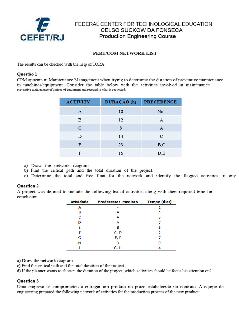 List of Exercises - PERT - CPM NETWORKS | PDF | Project Management