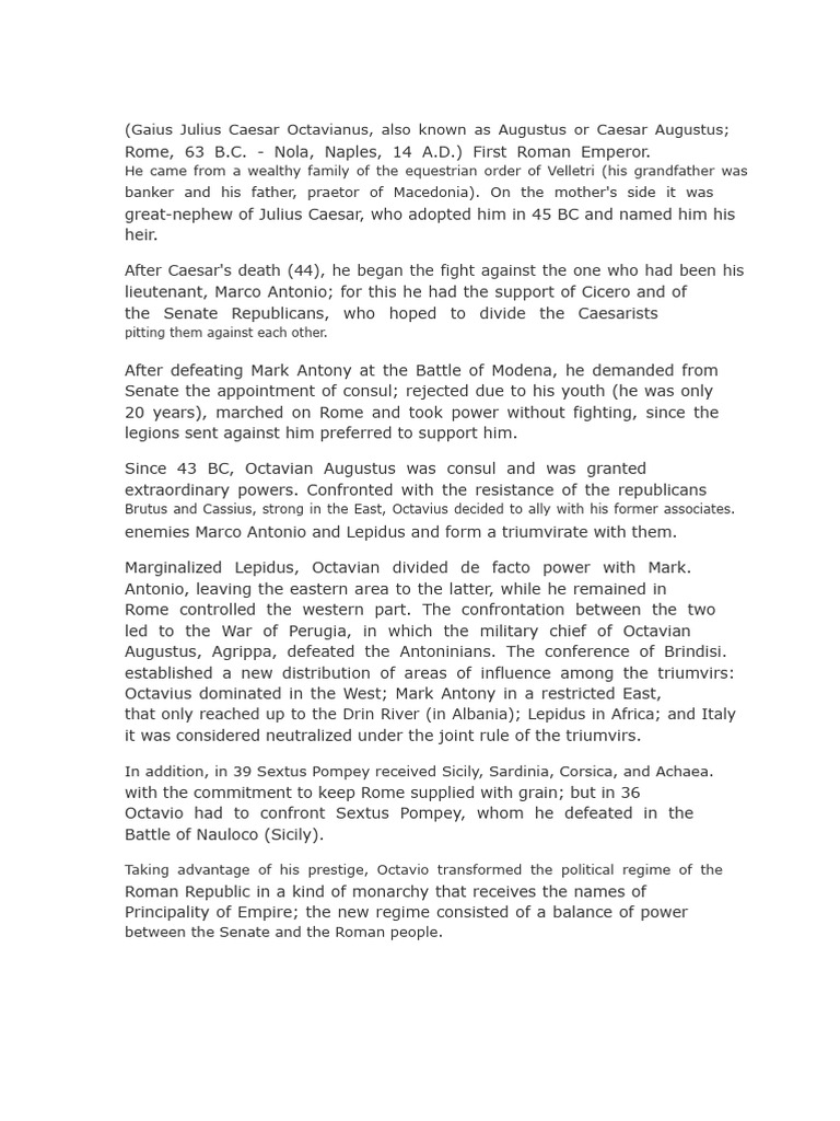 Biography of Octavian Augustus | PDF | Augustus | Mark Antony
