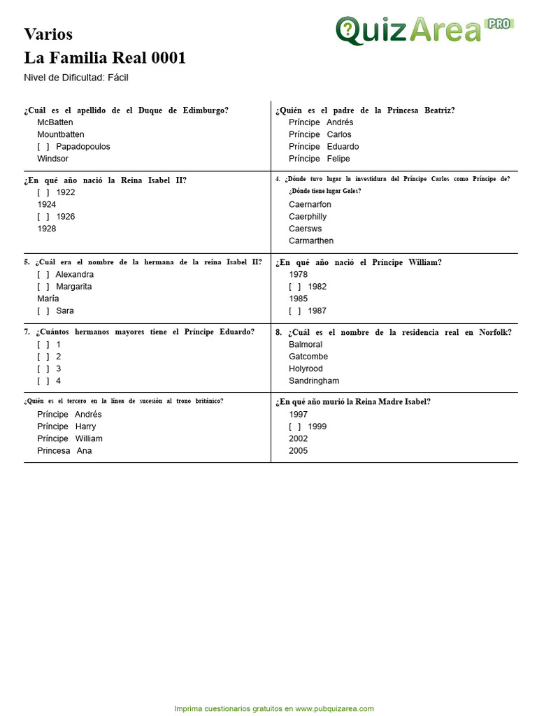 Cuestionario Sobre La Familia Real | PDF | Elizabeth Ii | Familia ...