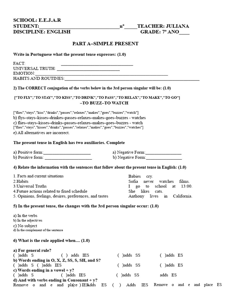 English Test Simple Present and Plural | PDF | Grammatical Conjugation ...
