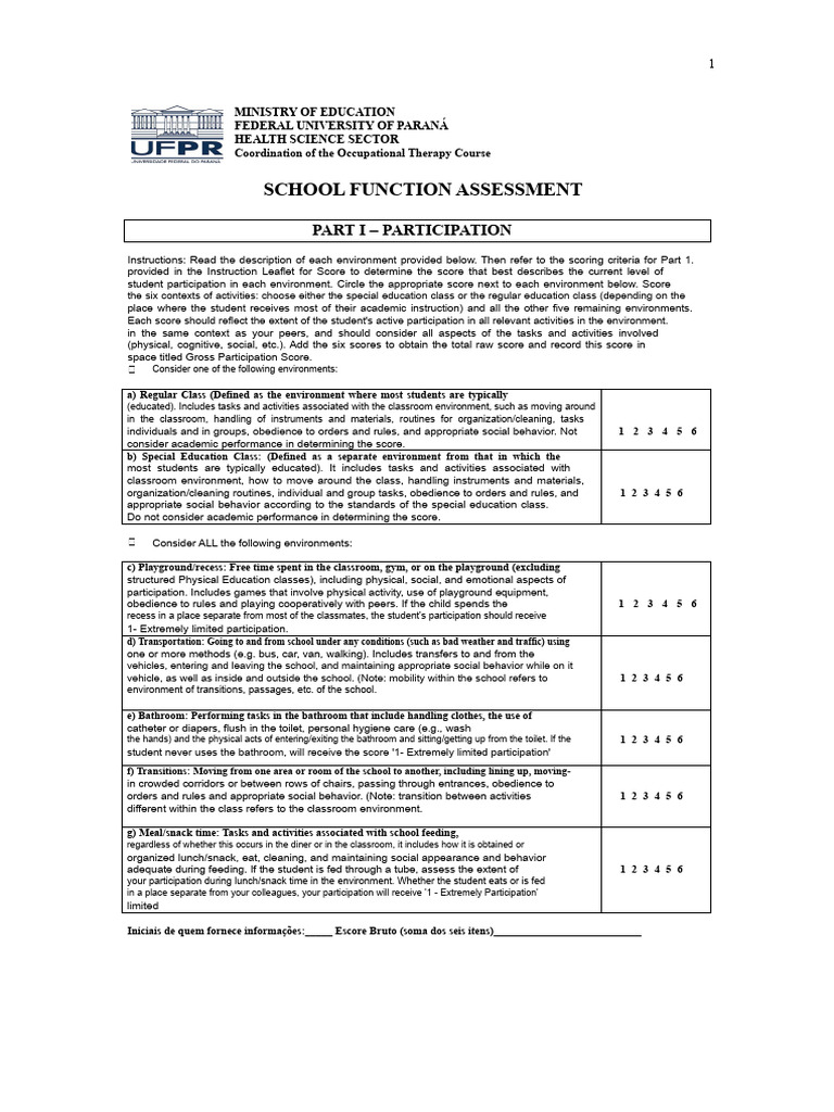 School Function Assessment for Therapy | PDF | Special Education ...