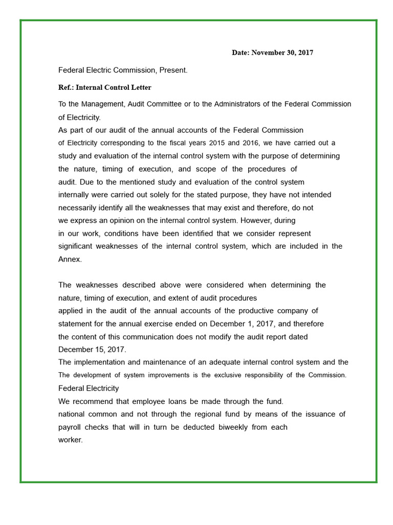 Letter of Recommendations To Internal Control | PDF | Internal Control ...