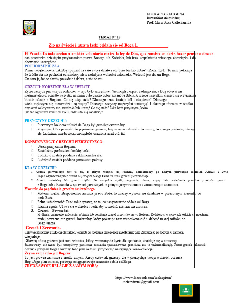 TEMAT NR 15 - 1 klasa szkoły średniej. Zło na świecie i utrata łaski oddala cię od Boga. | PDF