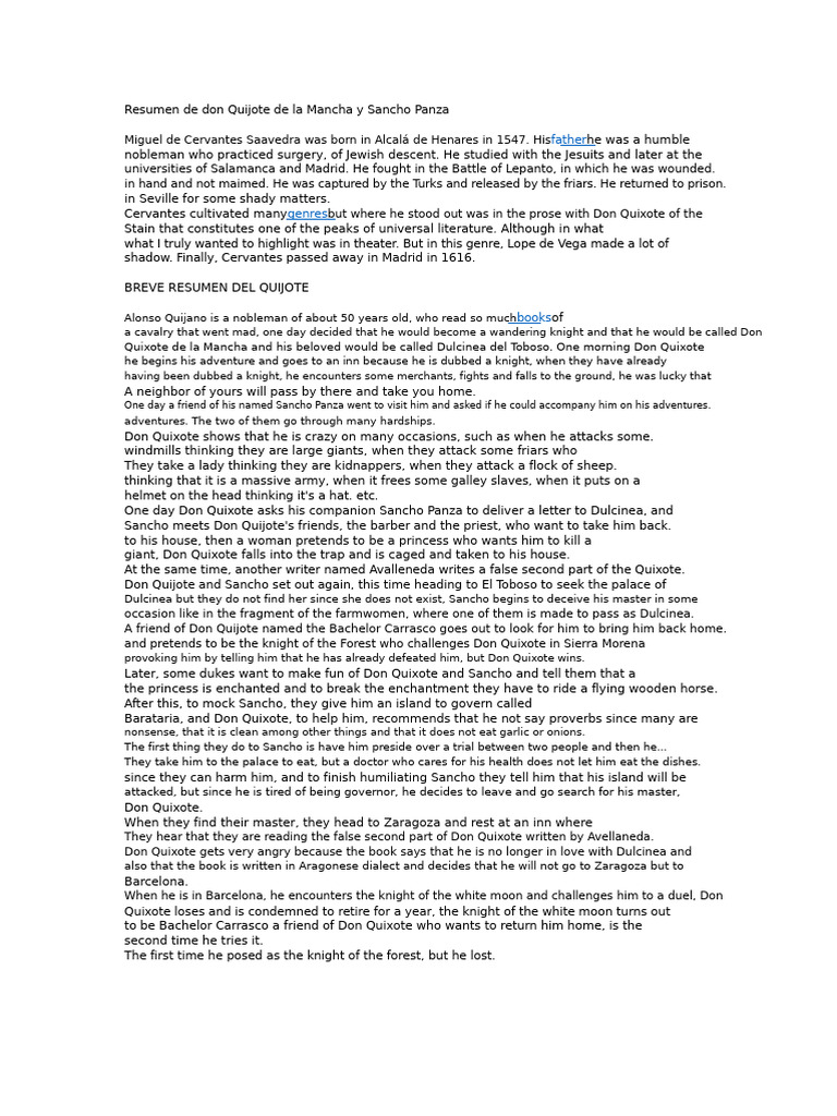 Summary of Don Quixote de La Mancha and Sancho Panza | PDF | Don ...