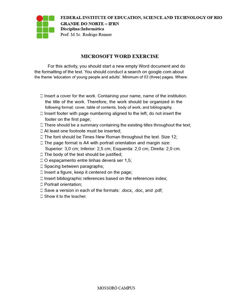 Microsoft Word Formatting Exercise Guide | PDF
