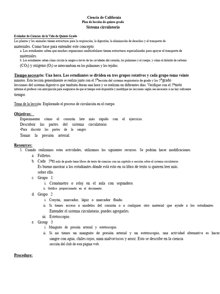 Sistema Circulatorio de Quinto Grado | PDF | Corazón | Ventrículo (corazón)