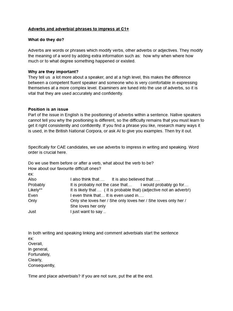 Mastering Adverbs for C1+ English | PDF