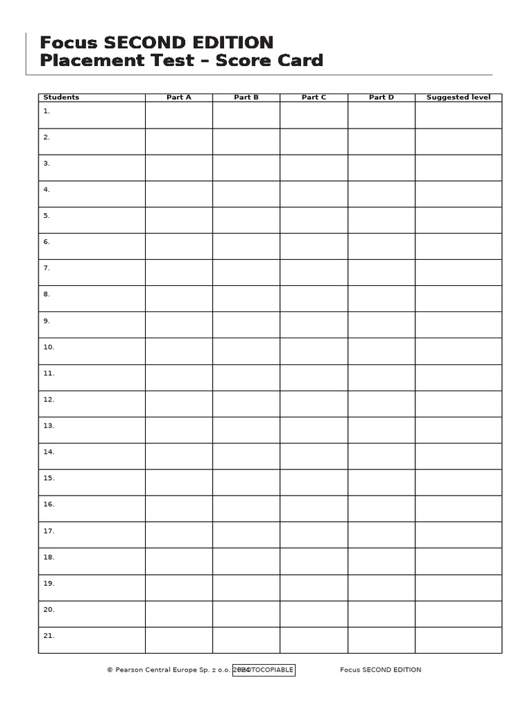 Focus Second Edition Placement Test Score Card | PDF