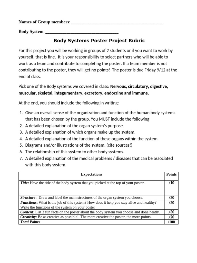 Body Systems Poster Project Guide | PDF | Human Body | Anatomy