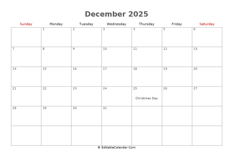 Editable Calendar December 2025 | PDF