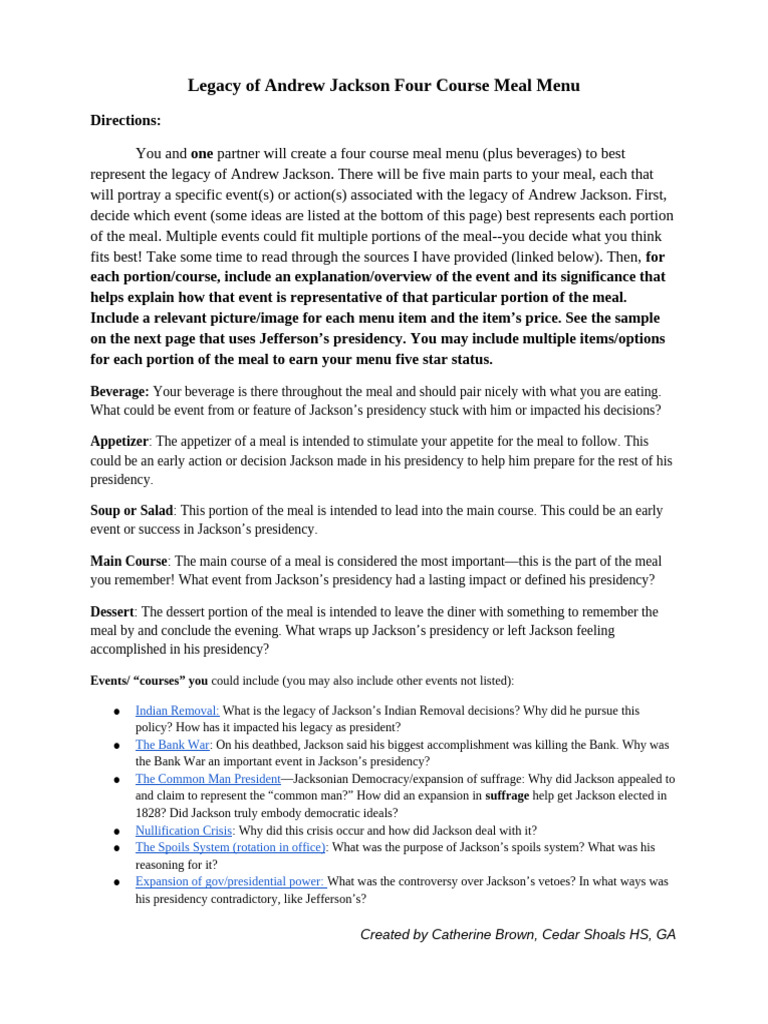 Andrew Jackson Legacy Meal Menu | PDF | Menu | Meal