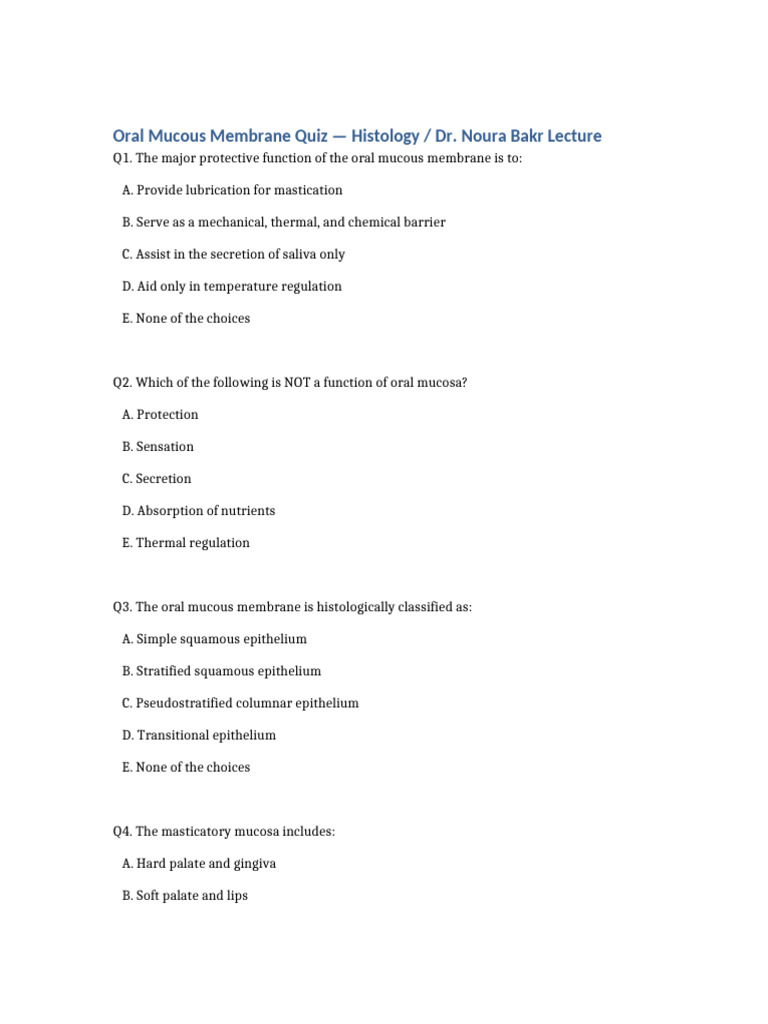 Oral Mucous Membrane Quiz-1 | PDF | Animal Anatomy | Morphology (Biology)