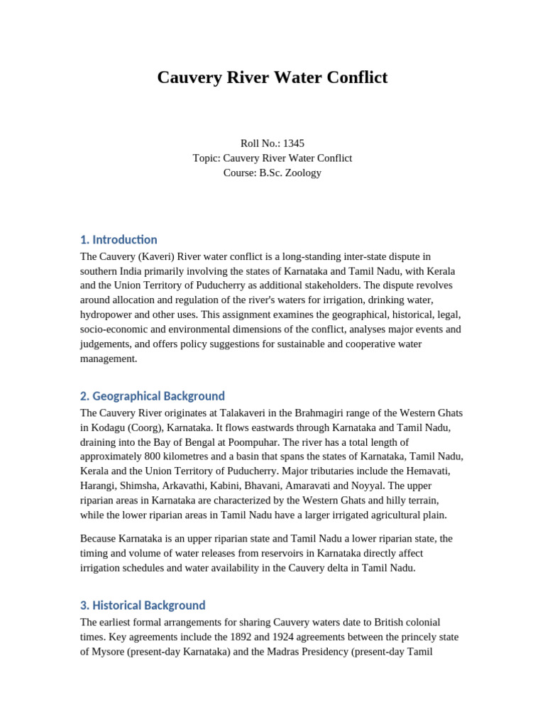 Cauvery River Water Conflict Assignment Roll1345 BSC Zoology | PDF ...