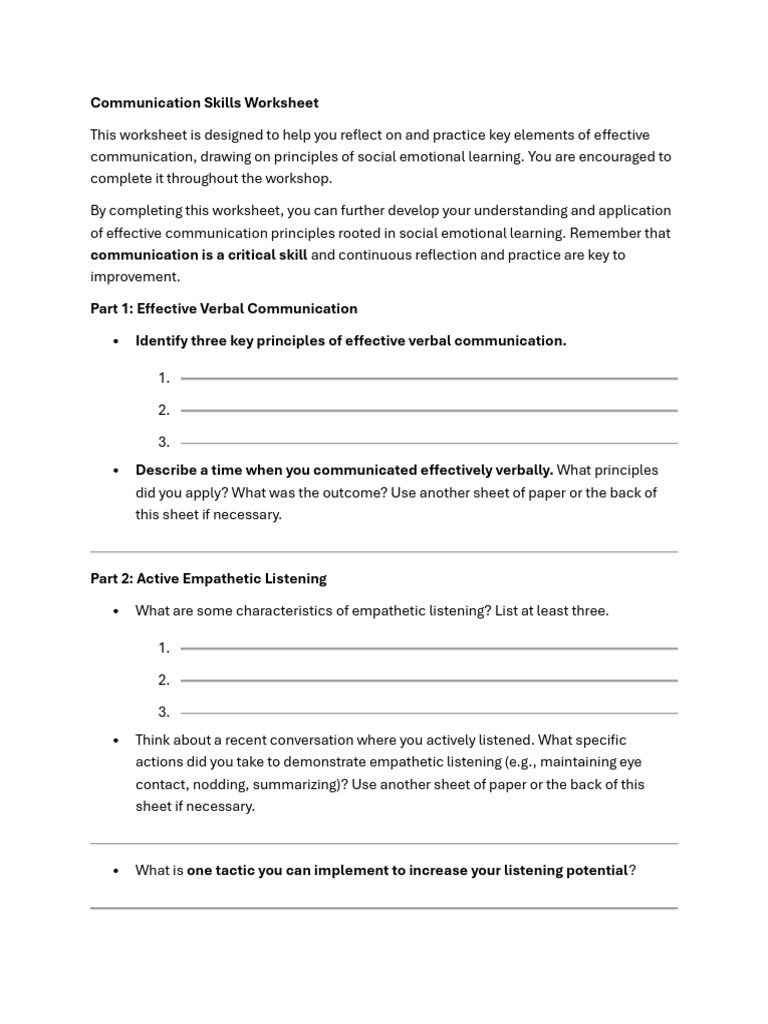 Effective Communication Skills Worksheet | PDF | Communication | Empathy