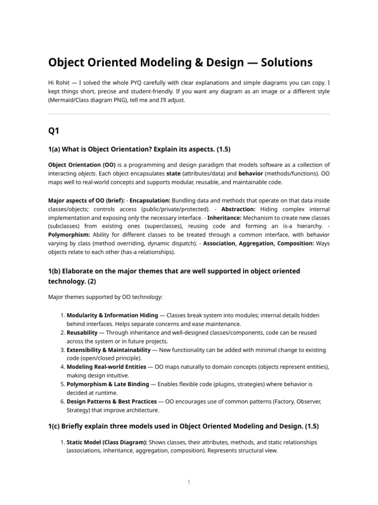Oopd Oomd Pyq Solutions - Detailed With Uml | PDF | Class (Computer ...