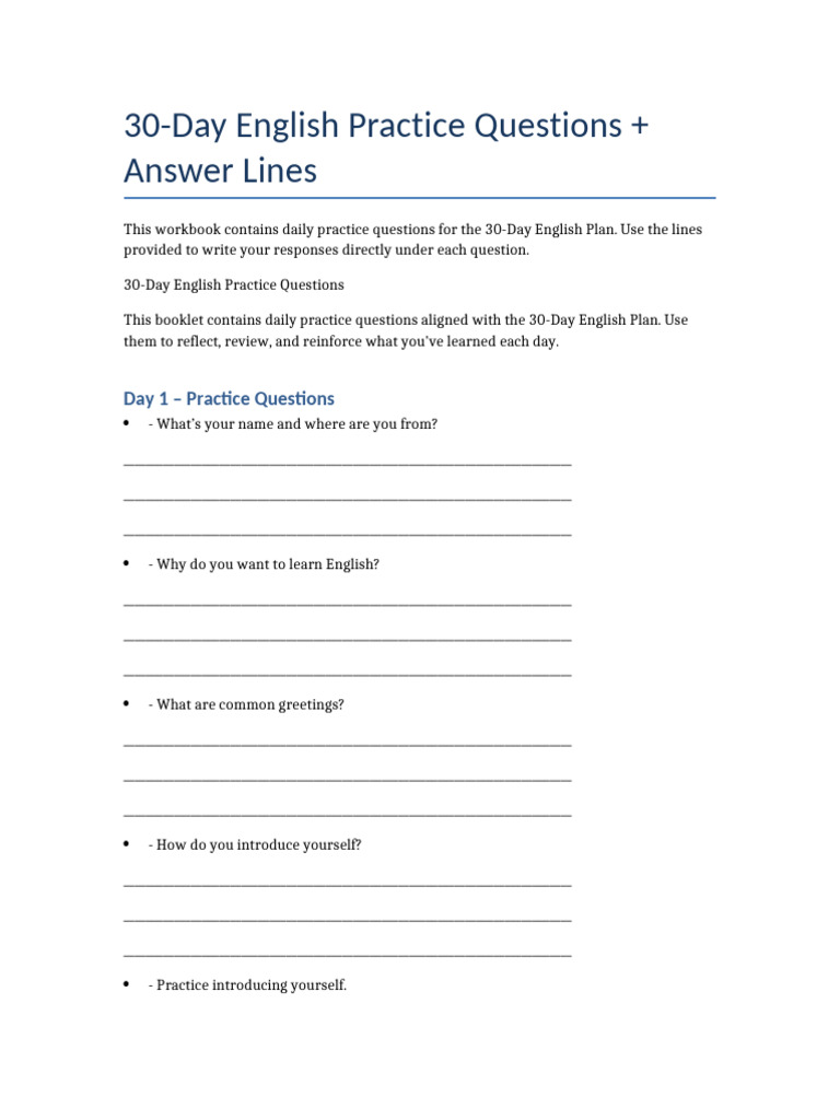 30 Day English Practice Questions With Lines | PDF | English Language ...