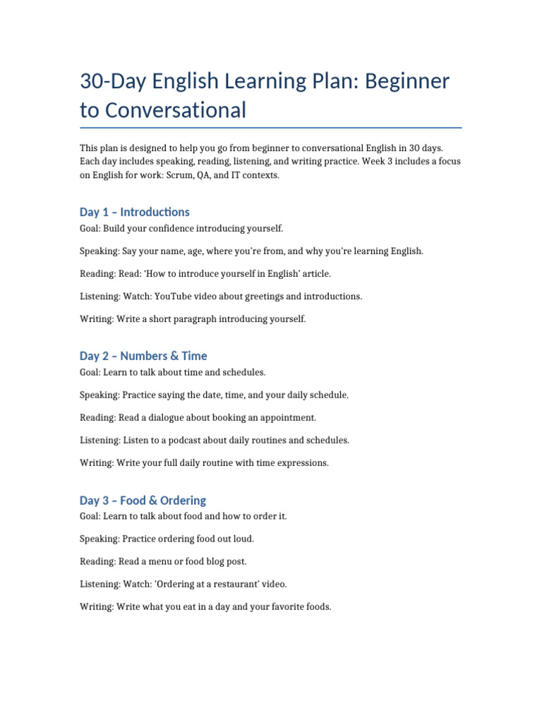 30-Day English Learning Plan for Beginners | PDF