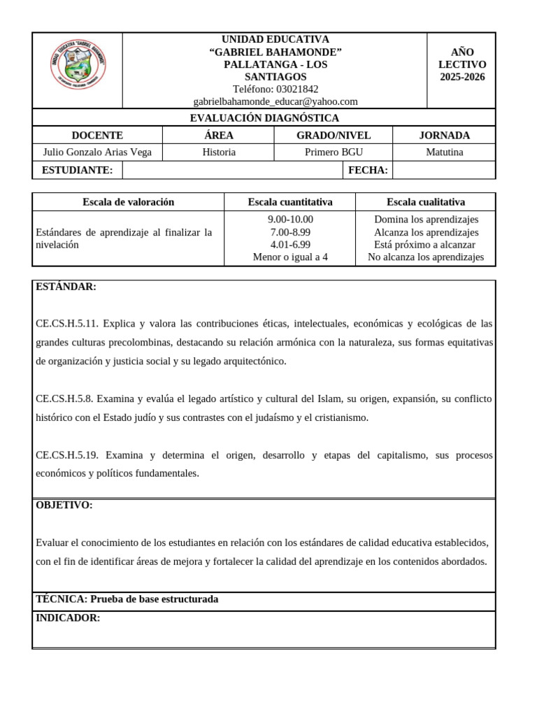 Ev. Diagnóstica Rectorado Primero Bgu Historia | PDF | Yihad | Capitalismo