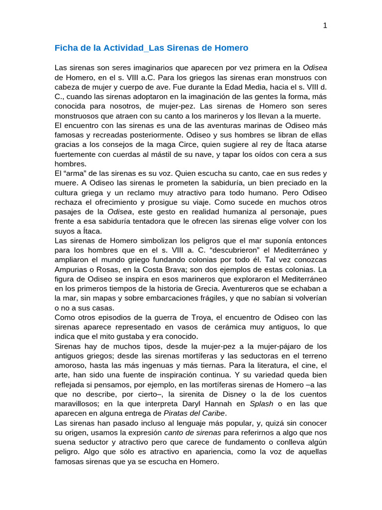 Ficha de Actividad - Las Sirenas | PDF | Sirena | Homero