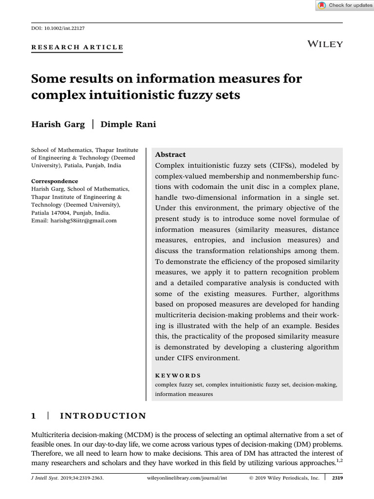 Int J of Intelligent Sys - 2019 - Garg - Some Results On Information ...