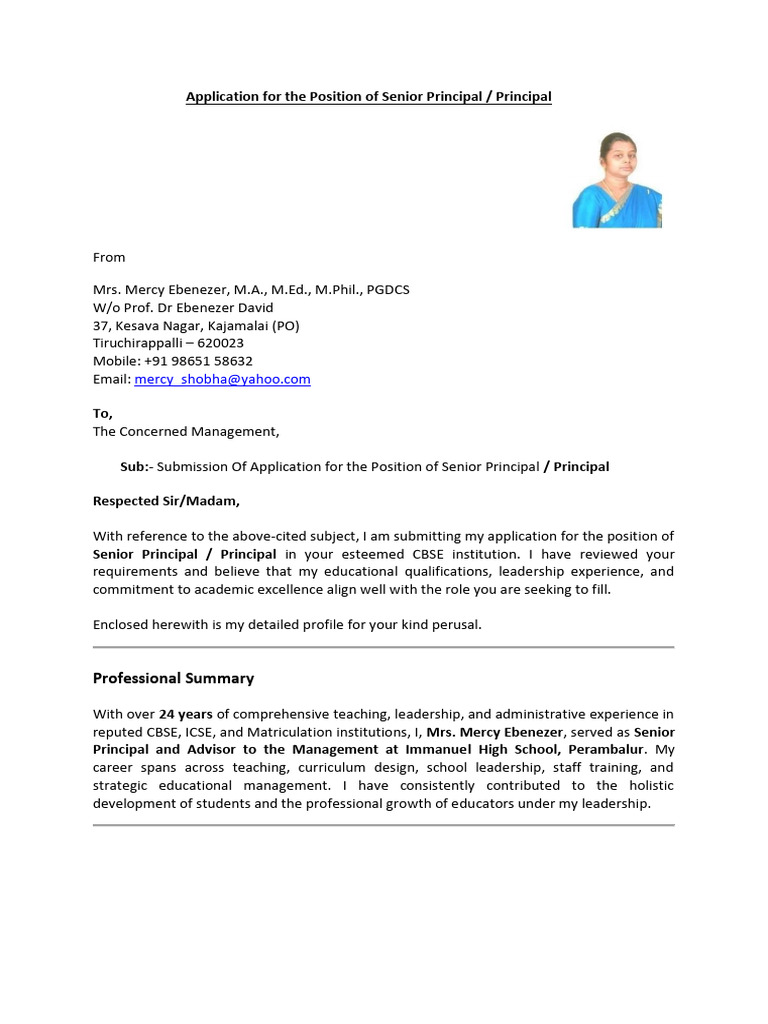 Application for Senior Principal Position | PDF | Educational ...