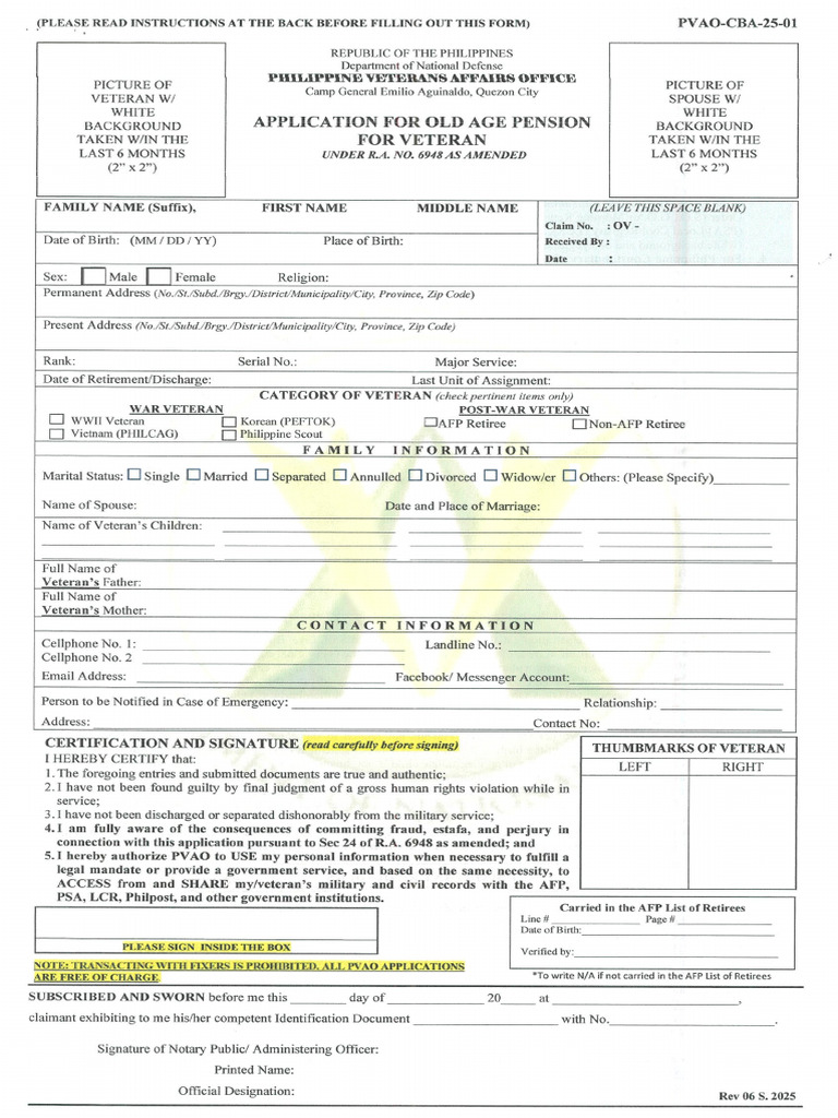 Application For Old Age Pension Veteran | PDF