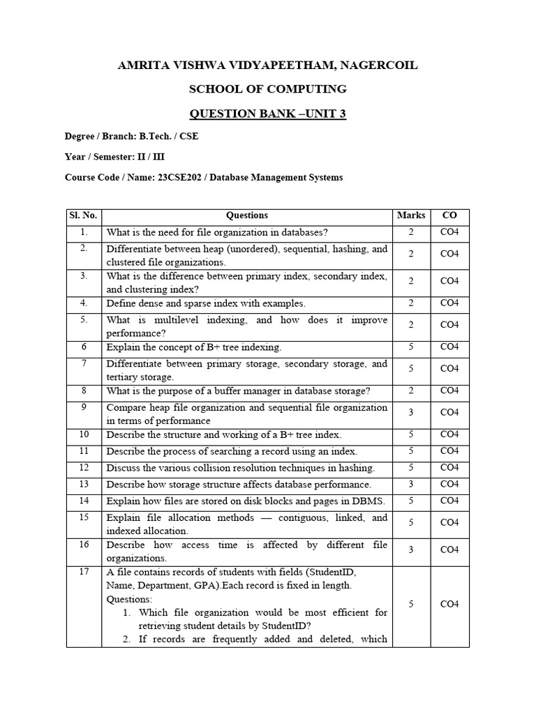 23CSE202 - Question Bank - UNIT 3 | PDF | No Sql | Database Index