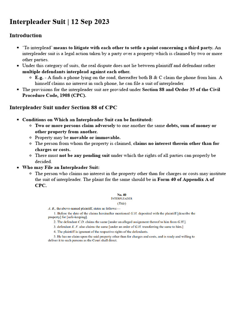 Understanding Interpleader Suits in CPC | PDF | Lawsuit | Judiciaries