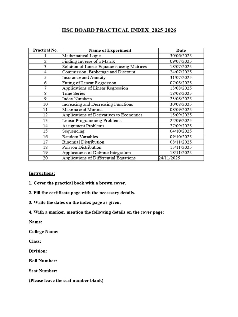HSC Board Maths Practical Book Index.25-26 | PDF