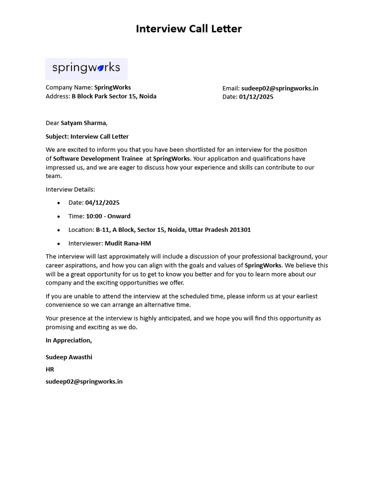 SpringWorks Interview Call for Trainee | PDF