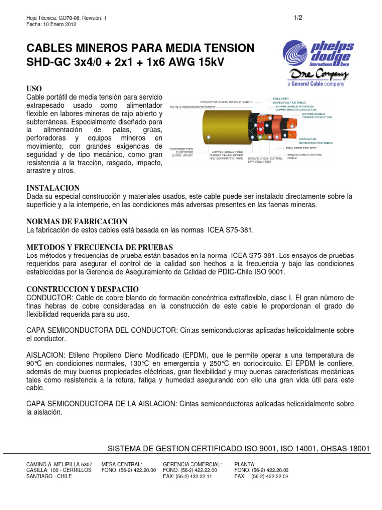 Cable Minero SHD-GC 15kV: Especificaciones | PDF | Conductor electrico ...