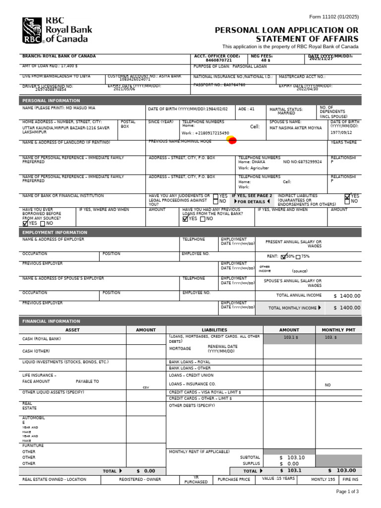 RBC Personal Loan Application Form | PDF | Credit | Finance & Money ...