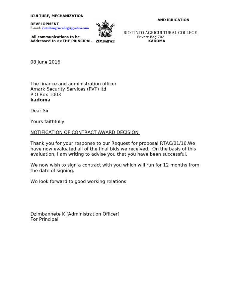 Contract Award Notification Letter | PDF