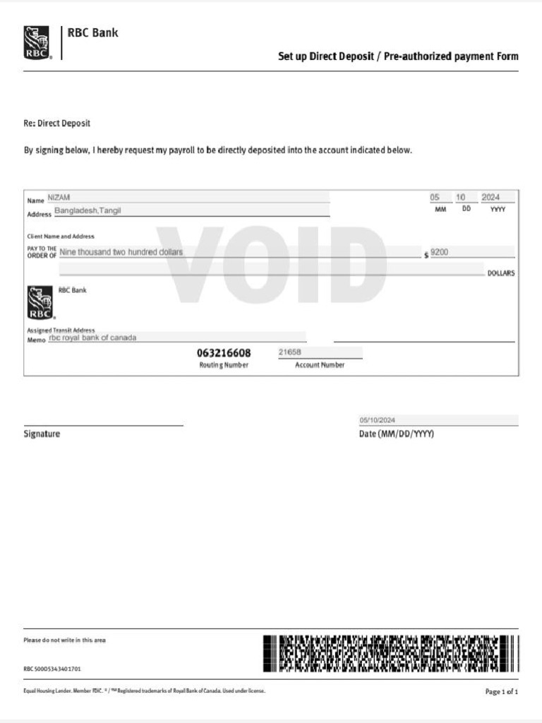 RBC Direct Deposit Setup Form | PDF