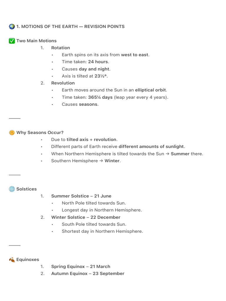 ? 1. Motions of The Earth - Revision Points | PDF | Rotation | Earth