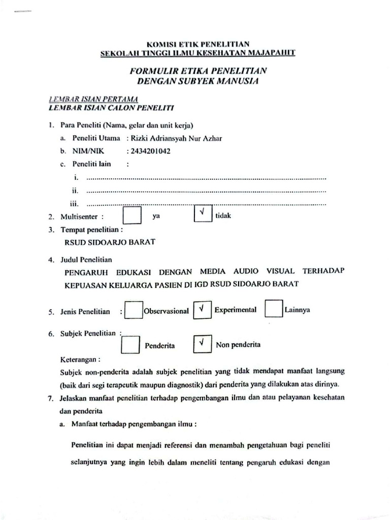 Form Etik Subyek Manusia - Compressed | PDF